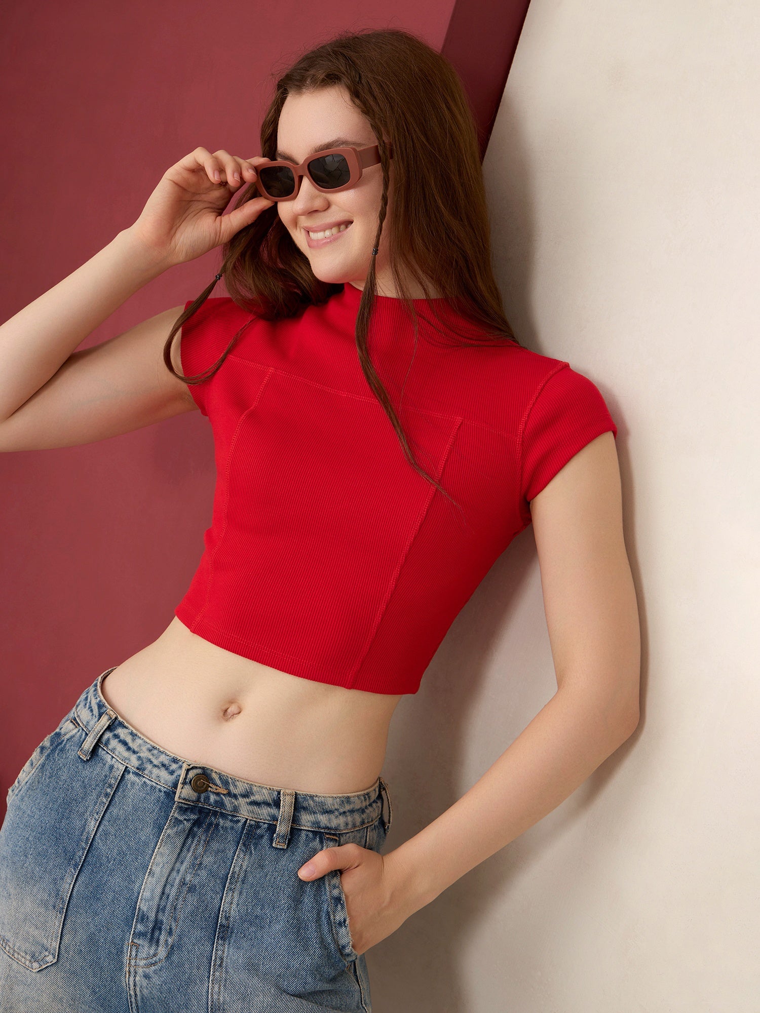 Shop Red Cap Sleeves Fitted Rib Top - for Women | OUTZIDR | Gen-Z Style